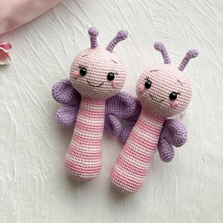 Handmade Crochet Baby Rattle Cute Butterfly Wood Ring Teether High ...