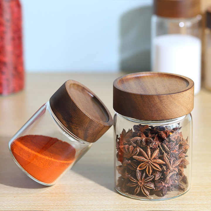 High Quality High Borosilicate Glass Food Storage Jar with Solid Wood Screw Lid Acacia Wood Lid ...