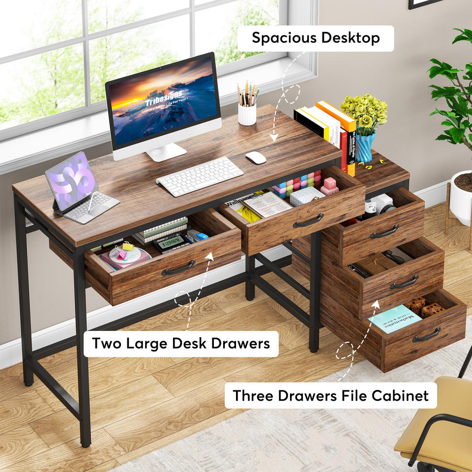 Tribesigns Modern Home Office Desk with Reversible Drawers, Printer ...