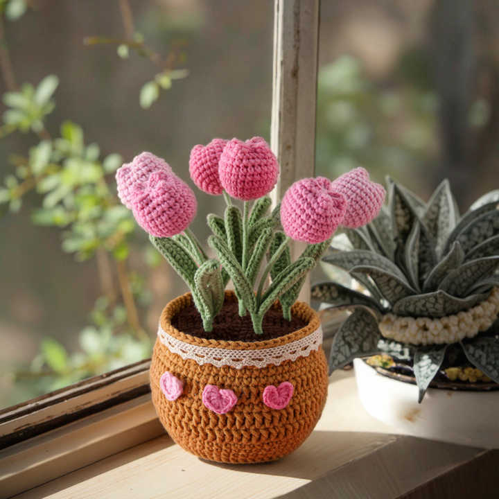 Lovely Handmade Crochet Simulation Tulip Potted Plants with Vase for ...