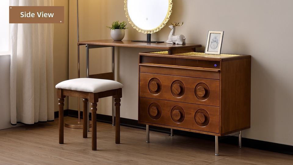 Vintage Oak Solid Wood Dressing Table Set Smart LED Cloud Mirror Makeup ...