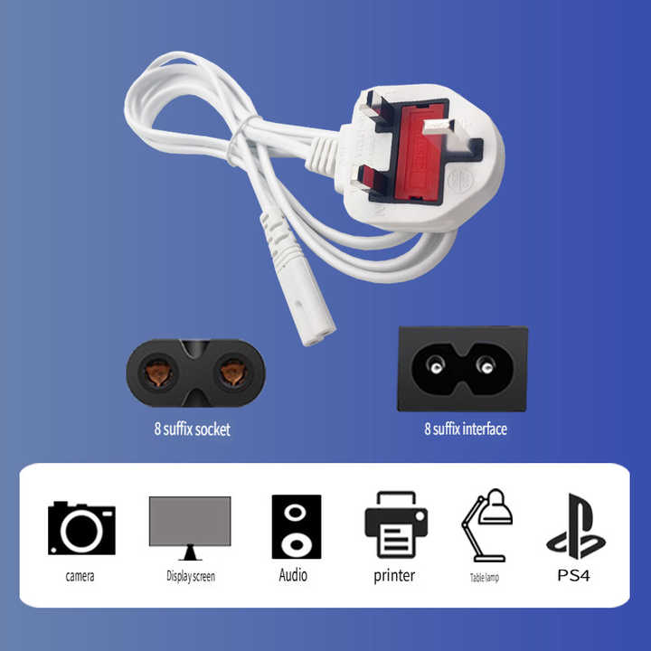 White IEC C8 1.5m AC Power Cord Fused 250V 13A BS 2 Core Figure 8 ...