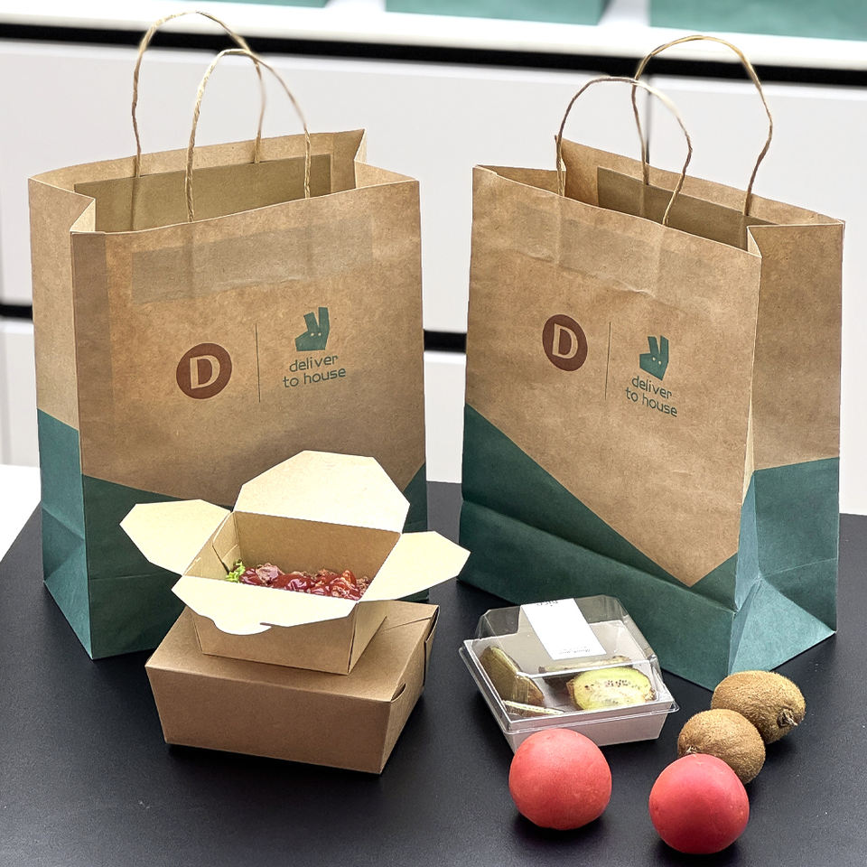 Restaurant Paper Retail logo Bulk Logos Tote Handles Premium Kraft Bags ...
