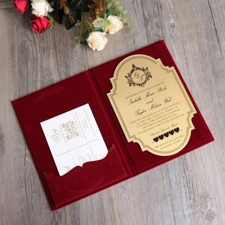 Luxury Custom Gold Mirror Acrylic Cards Black Foil Burgundy Velvet ...