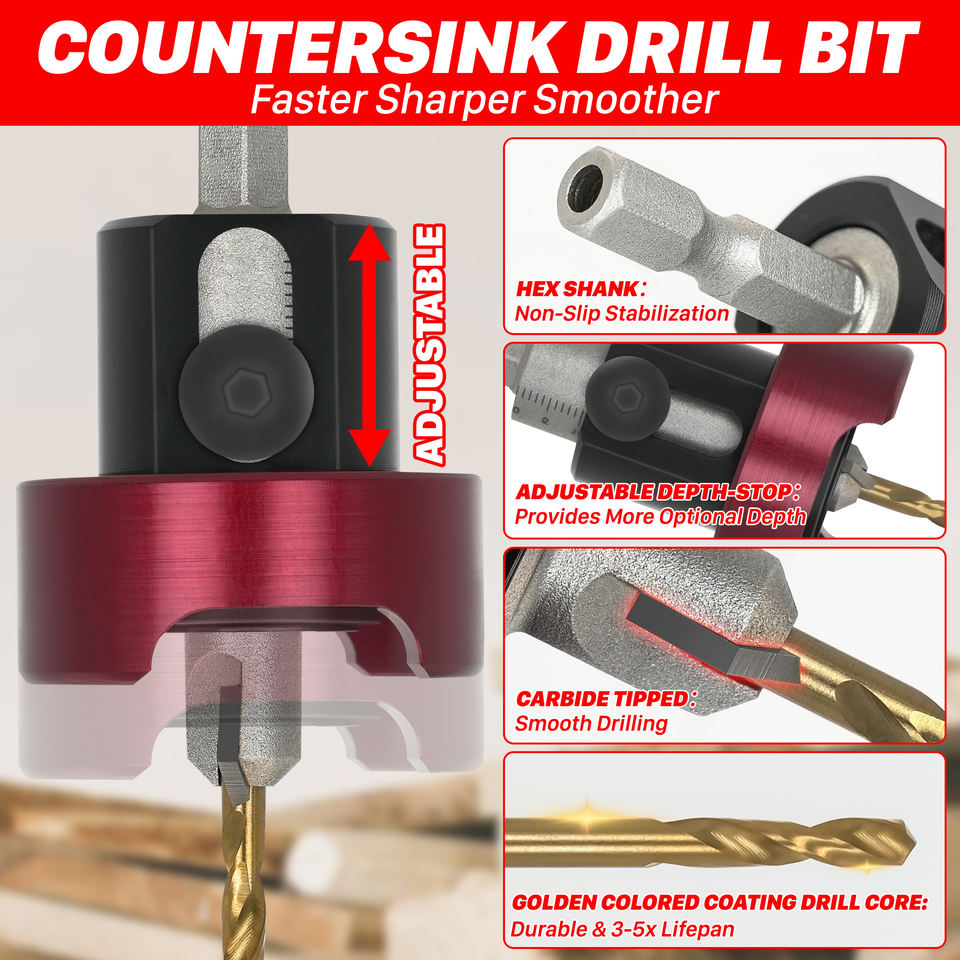 TIDEWAY Adjustable Countersink Drill Bit with Depth Stop Collar for ...