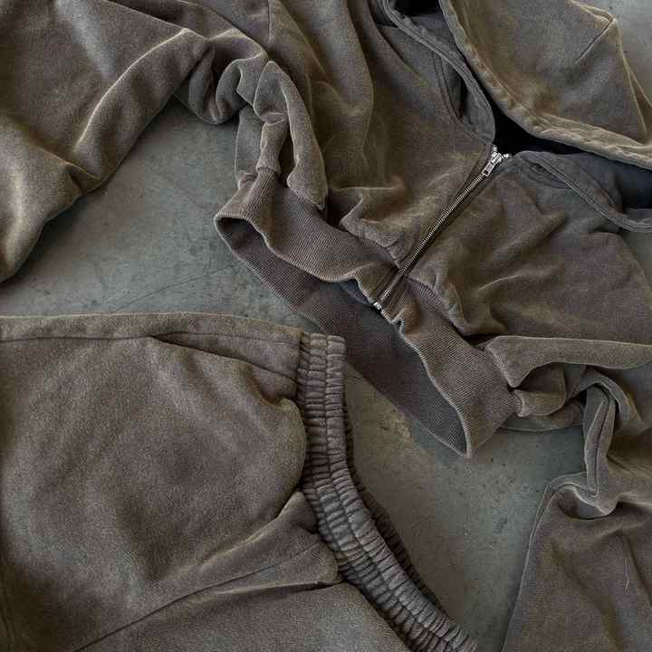 Custom 2 Piece Distressed Woman Cotton Blank Zip up Acid Washed Cropped ...