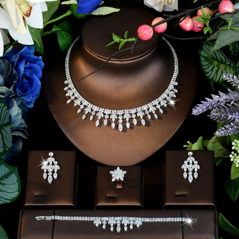Simple Style Wedding Party Jewelry Set 4PCS CZ Shiny Cubic Zirconia ...