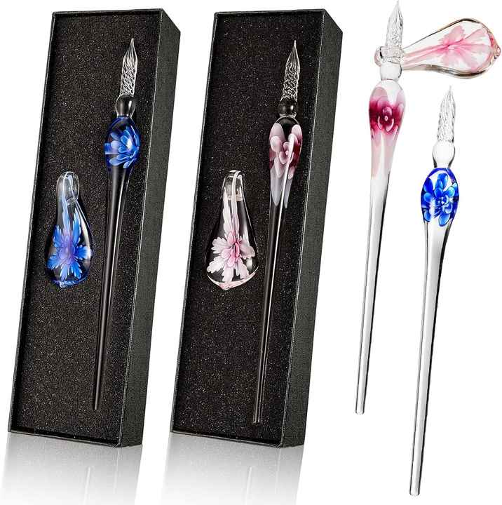Handmade Glass Dip Pen - Vintage Flower Crystal Pens