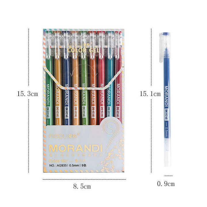 9pcs Morandi Gray Pens Set - Multi Color Gel Ink Vintage