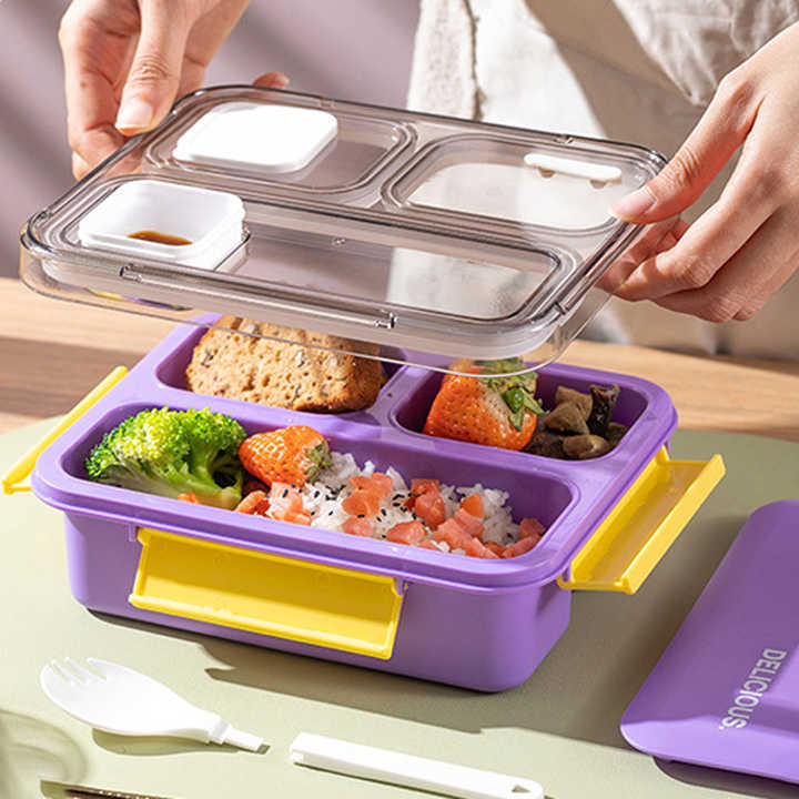 Portable Microwaveable Plastic Divided Lunch Box Food Containers for Students Office Workers 3 ...