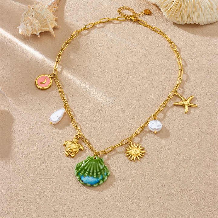 Beach Style Stainless Steel Moon Turtles Starfish Charm Necklace 18k ...