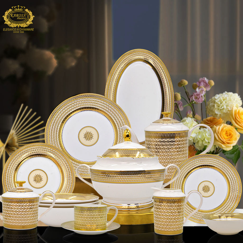 98-Pcs Royal Golden Luxury Bone China Dinnerware Set for Weddings ...