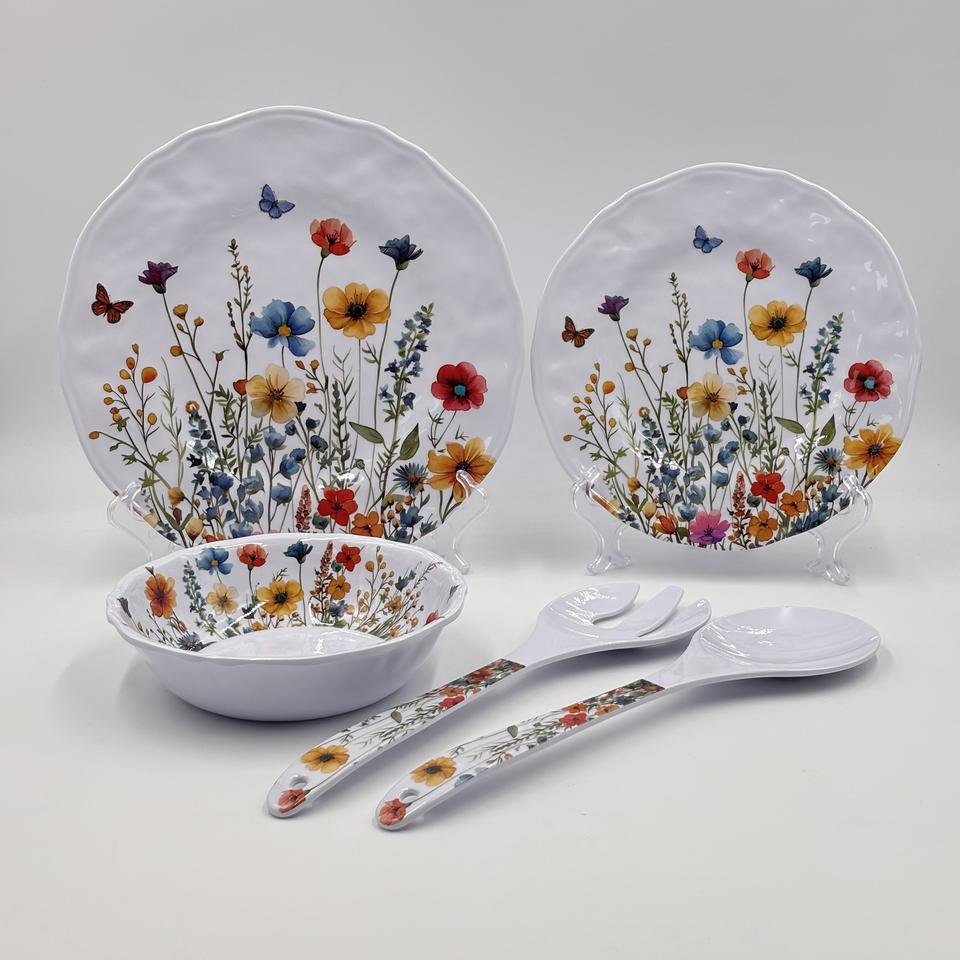 Wildflower & Butterfly Melamine Tableware Set Ruffled-Edge Floral ...