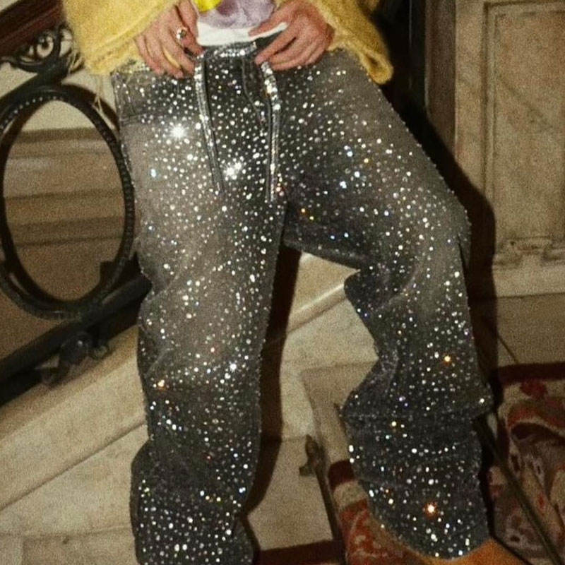 Vintage Streetwear Men's Jeans with Shiny Rhinestones
