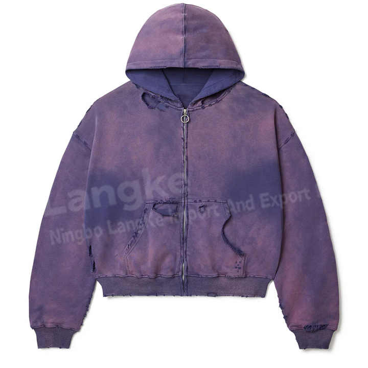 500gsm Oversize Distressed Blank Acid Wash Hoodie Men Ripped Hole ...