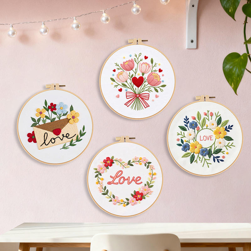 New Valentine's Day Couple Floral Embroidery DIY Handmade Round Cotton ...