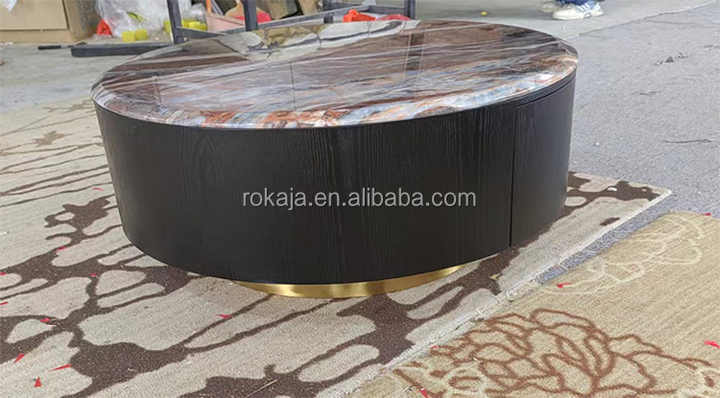 Rokaja Simple Rock Slab Round Coffee Table with Stainless Steel Base