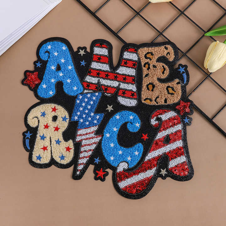 New Design 4th July T-Shirt Blue Letter Embroidery Patches 26.5CM Heart ...