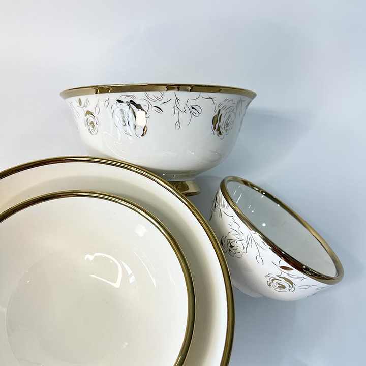 Elegant Gold-Plated Porcelain Dinnerware Set with Golden Rose Pattern ...
