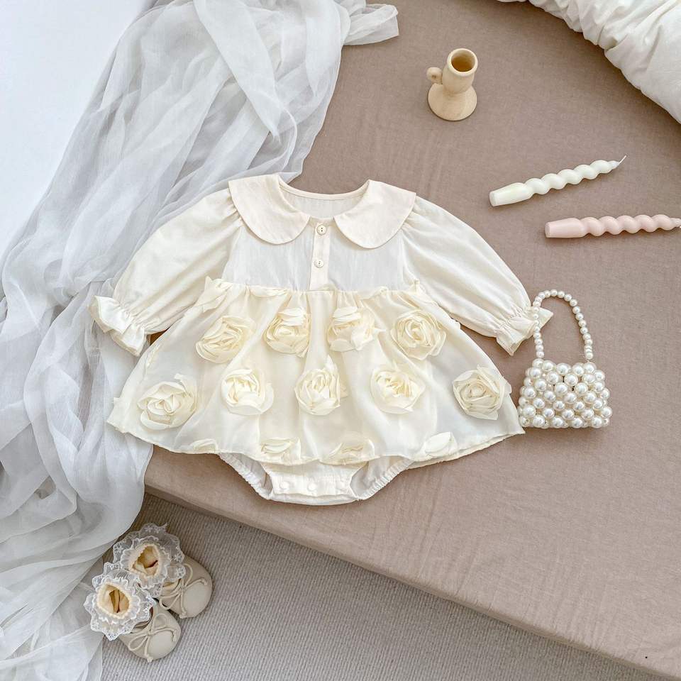 Spring and Autumn Infant Jumpsuit Girls Long Sleeve 3D Flower Princess ...