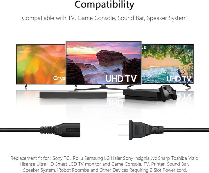 4FT YILUN US 2 Pin Power Cord for TV PS4 PS5 Speaker Monitor Xbox Power ...
