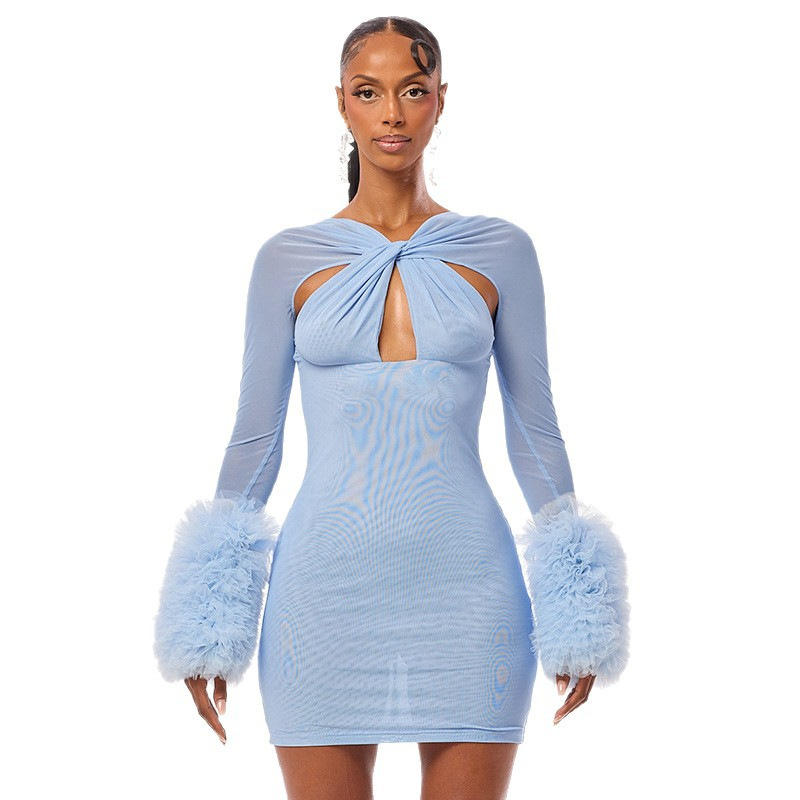 BR6093 Women's Sexy Mesh Cross Hollow Long Sleeve Plush Sleeve Tight ...