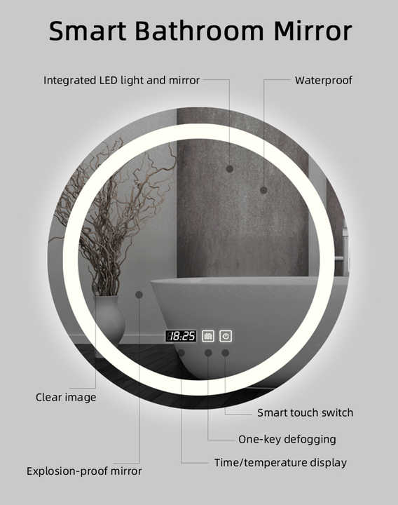 Modern round led mirror wall mounted touch switch screen smart mirror ...