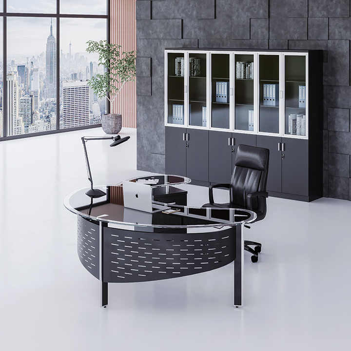 Curved Black Executive Office Desk with Tempered Glass - Modern Semi ...