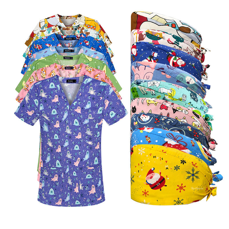 Niaahinn Nurse Christmas Holiday Printed V-Neck Scrub Set Short Sleeve ...