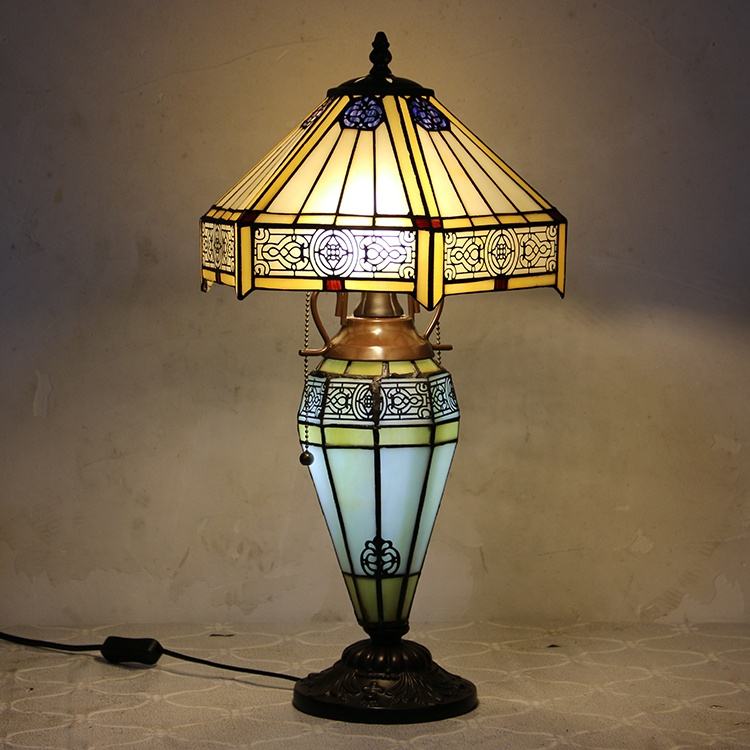 LongHuiJing Tiffany Table Lamp Yellow Hexagon Stained Glass Bedside ...