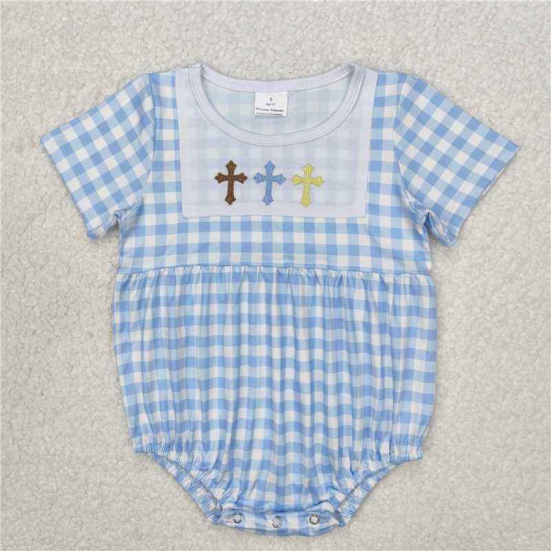 Hot Sale Easter Cross Embroidered Blue Plaid Easter Smocked Summer ...