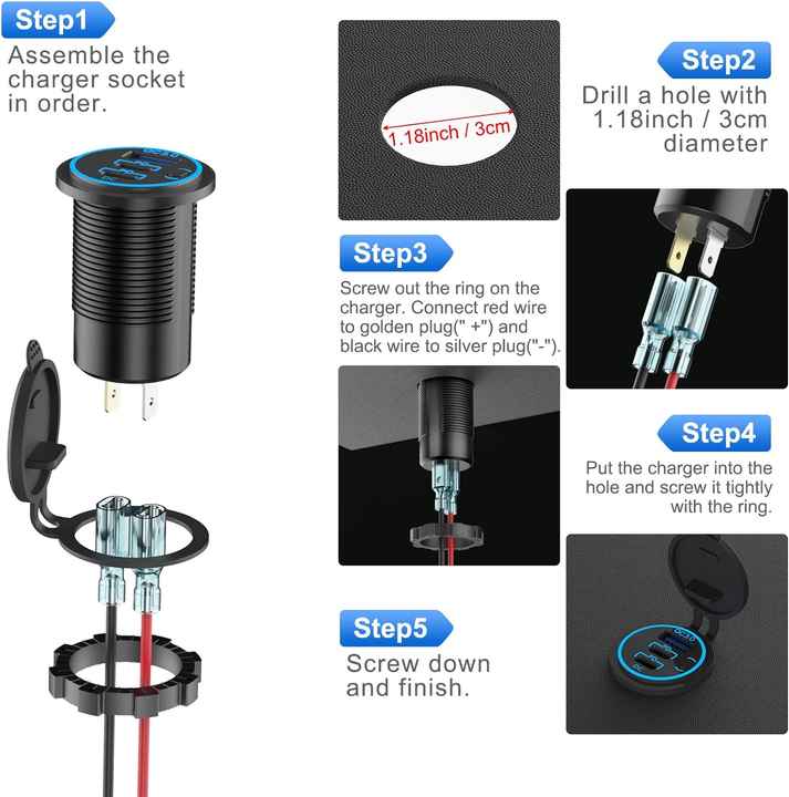 12 Volt USB Socket - Triple Port Car Charger with Dual PD3.0