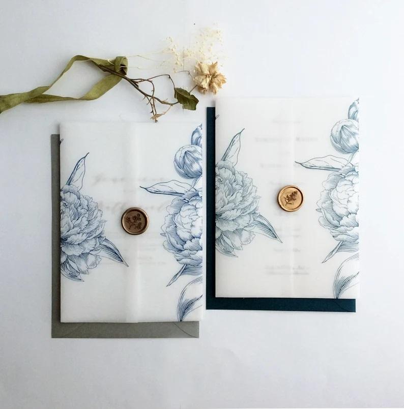 5X7 Inch Wedding Invitation Card - Peony Floral Vellum Jacket