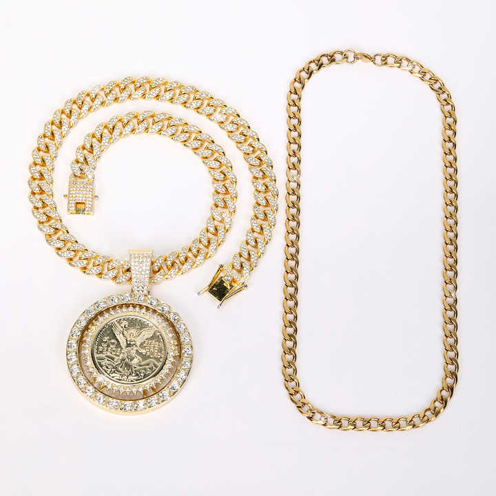 2pcs Iced Out Rhinestone Coin Pendant Chain for Men