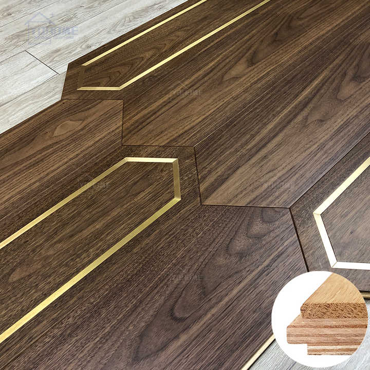 Unit Block Parquet Wood Flooring with Metal Brass Inlay