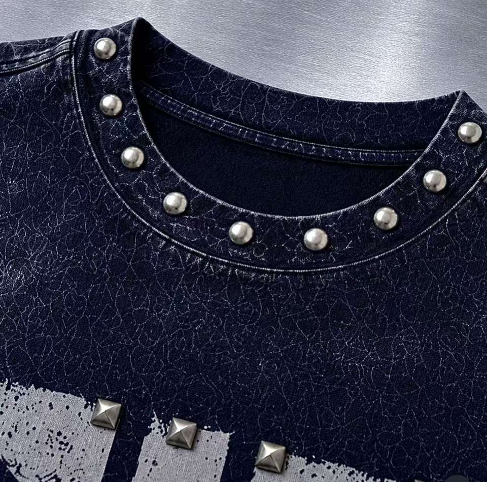 Punk Gothic Union Jack Print Studded T-Shirt Acid Washed Distressed ...