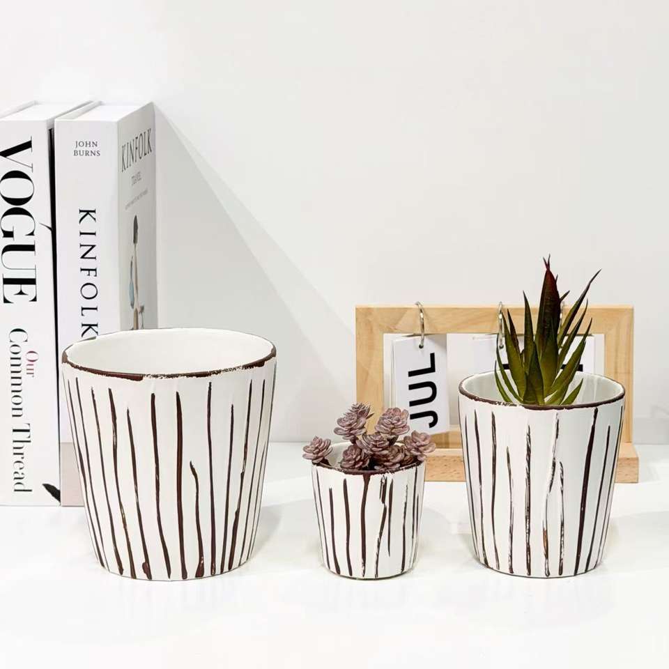 Rustic Brown Striped Ceramic Planters Set Succulent Pots for Indoor ...
