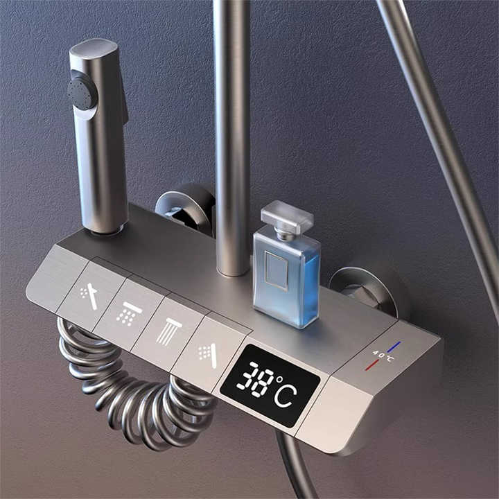 4 Functions LED Digital Display Piano Keys Wall Mounted Shower Set