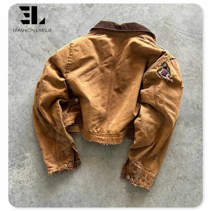 LARSUR Custom Distress Dirty Wash Heavy Duck Canvas Boxy Work Jacket ...