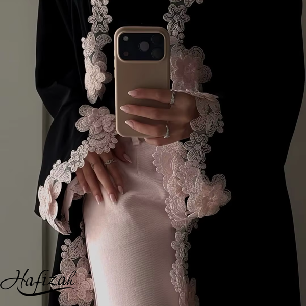 Hafizah Custom Black Abaya Women 3D Floral Applique Pink Embroidery ...