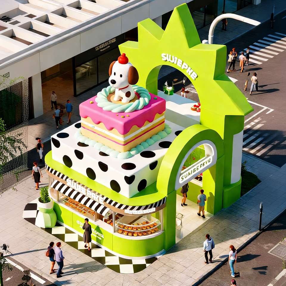 Vibrant Green & Pink Giant Arch Cake Shop: Open Counter, Tiered Display ...