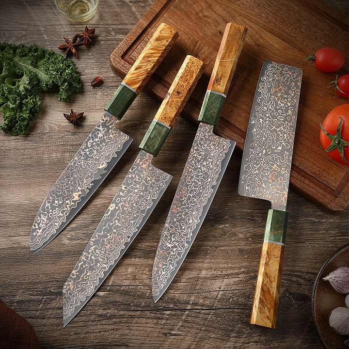 Damascus Steel Knife Sets with Tri-Color Copper Core