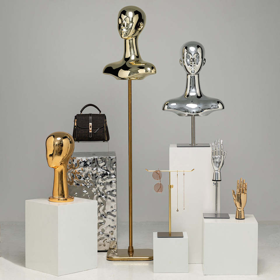 Wig Display Head Plastic Mannequin Bust Chrome Electroplated Metal Base ...