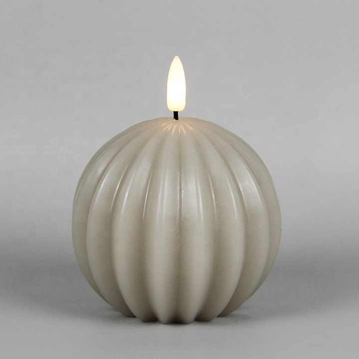 Hot Sale Ribbed Sphere Wax Candle 3D Real Flame Round Ball Battery ...