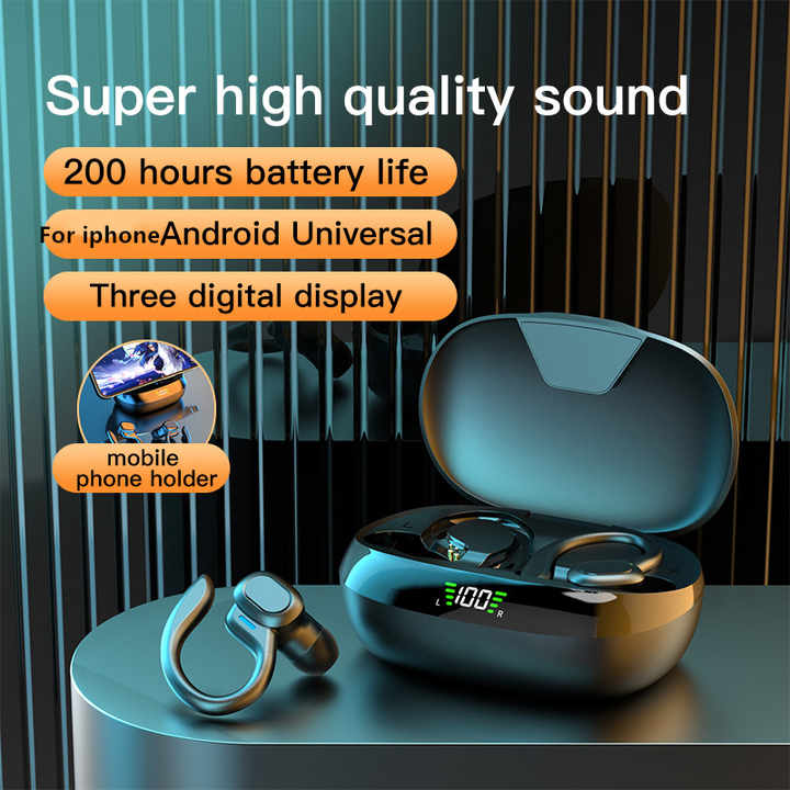 SP16 무선 귀 클립 골전도 헤드폰 오픈 이어훅 스포츠 헤드셋 TWS 이어폰 5.3 Audifonos LED 블랙 ...