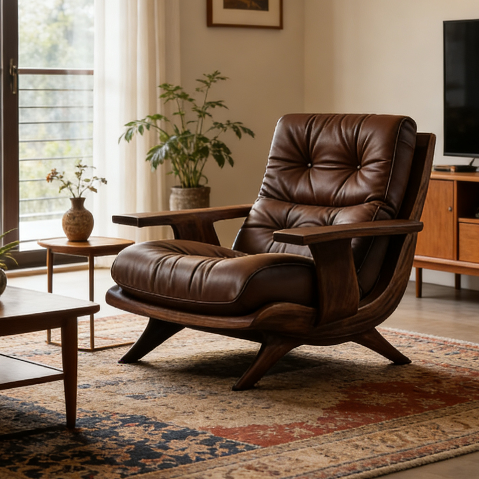 Modern Accent Armchair Genuine Brown Leather Lounge Chair Solid Wood ...