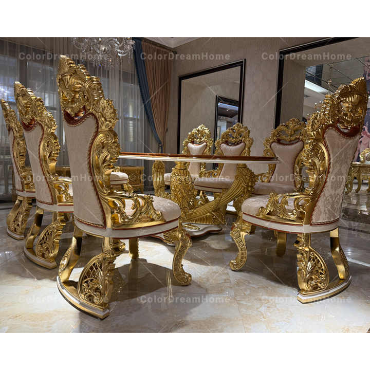 Royal Style Baroque Dining Table Set Hand Carved Solid Wood Glass Top ...
