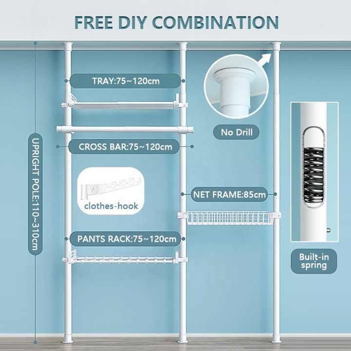 Bedroom Metal Open Wardrobe Pole System Movable Walk in Closet System ...