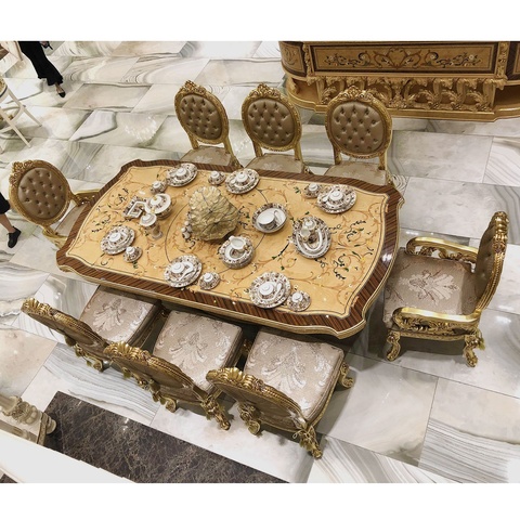 Luxury Wood Carved Arabic Dining Table with 6 Gold Chairs - Exquisite ...