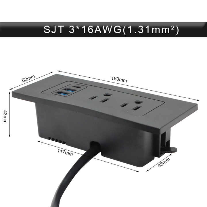 12A 125VAC 2 AC Outlets 2 USB-A 1 USB-C Surface Mountable Recessed Desk ...